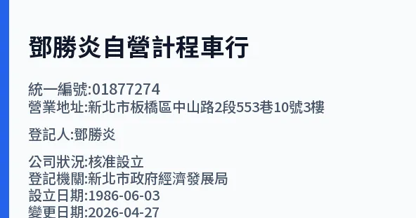 鄧勝炎自營計程車行的照片-統編 01877274(新北市) 公司登記資料與營業項目詳細圖表