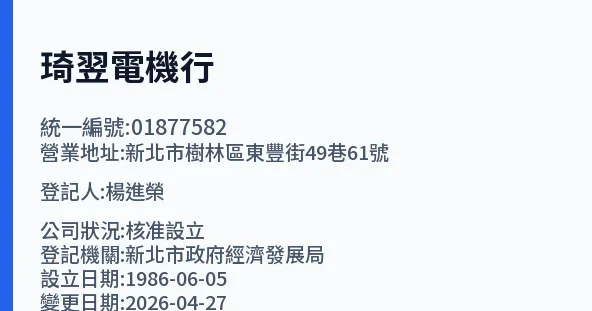 琦翌電機行的照片-統編 01877582(新北市) 公司登記資料與營業項目詳細圖表
