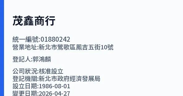 茂鑫商行的照片-統編 01880242(新北市) 公司登記資料與營業項目詳細圖表