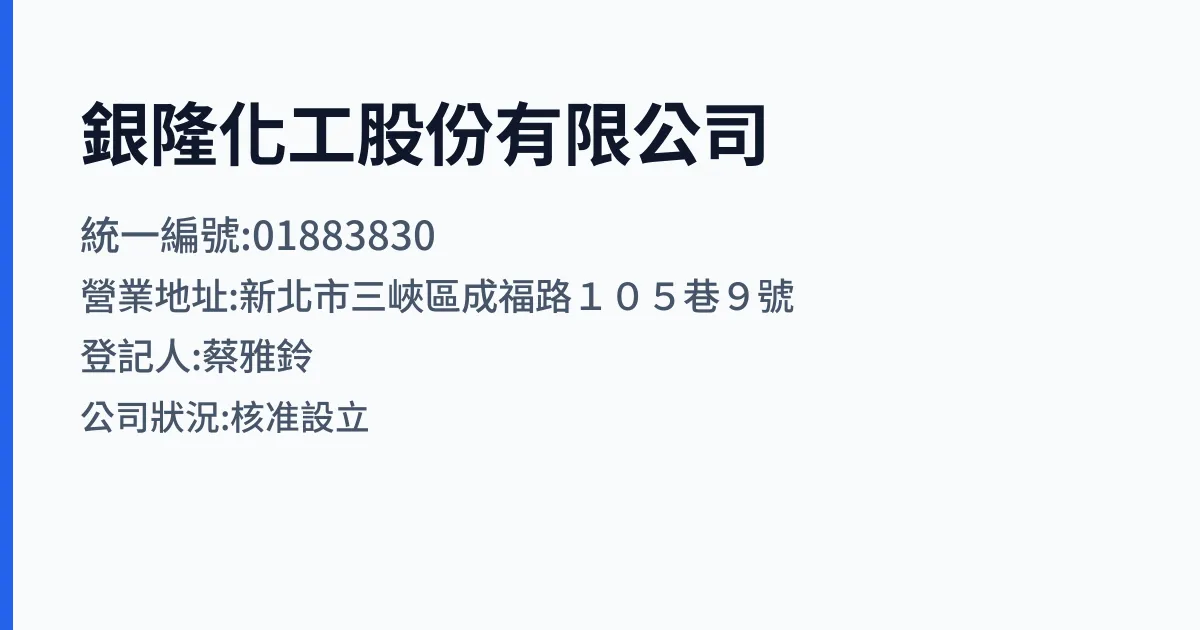 銀隆化工股份有限公司 - 統編 01883830(新北市) 公司登記資料與營業項目詳細圖表