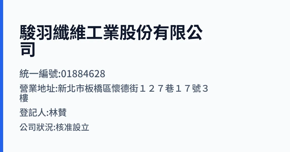 駿羽纖維工業股份有限公司 - 統編 01884628(新北市) 公司登記資料與營業項目詳細圖表