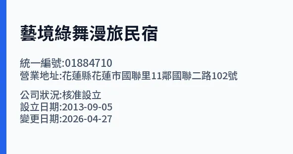 藝境綠舞漫旅民宿的照片-統編 01884710(花蓮縣) 公司登記資料與營業項目詳細圖表