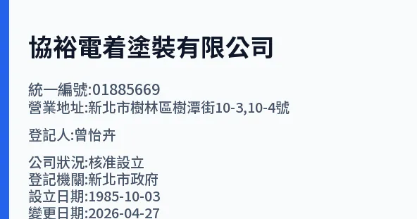 協裕電着塗裝有限公司的照片-統編 01885669(新北市) 公司登記資料與營業項目詳細圖表