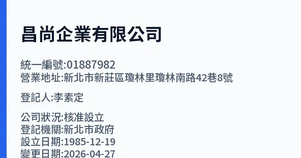 昌尚企業有限公司的照片-統編 01887982(新北市) 公司登記資料與營業項目詳細圖表