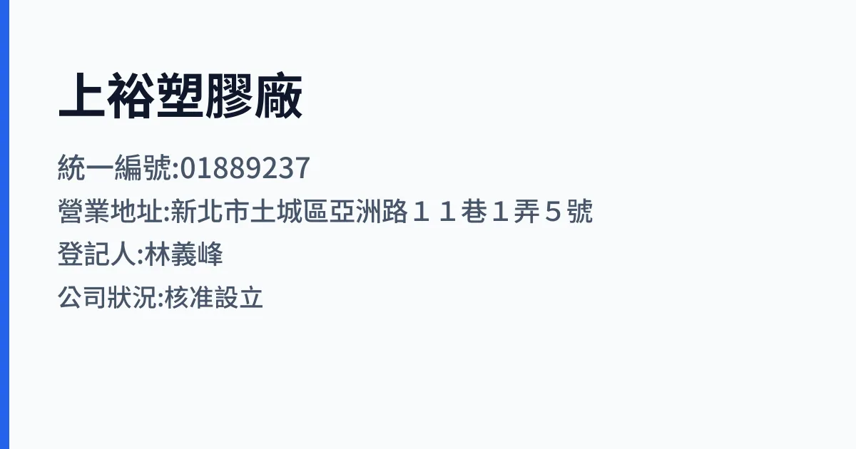 上裕塑膠廠 - 統編 01889237(新北市) 公司登記資料與營業項目詳細圖表