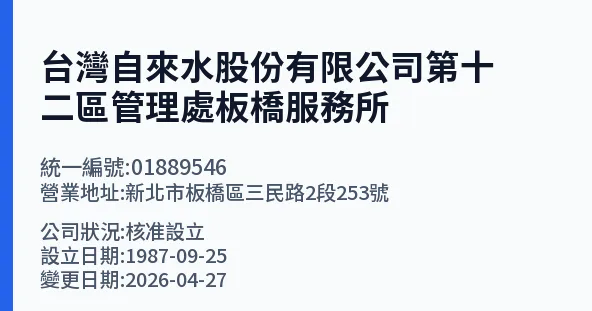台灣自來水股份有限公司第十二區管理處板橋服務所的照片-統編 01889546(新北市) 公司登記資料與營業項目詳細圖表