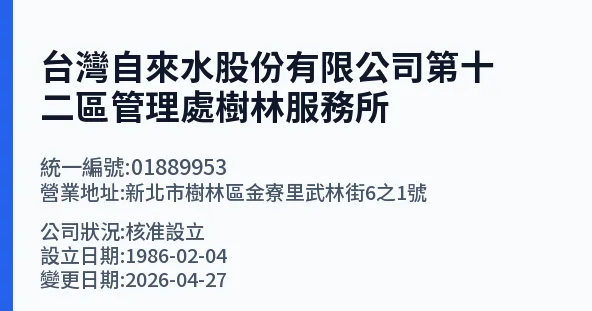台灣自來水股份有限公司第十二區管理處樹林服務所的照片-統編 01889953(新北市) 公司登記資料與營業項目詳細圖表