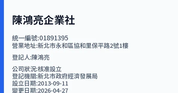 陳鴻亮企業社的照片-統編 01891395(新北市) 公司登記資料與營業項目詳細圖表