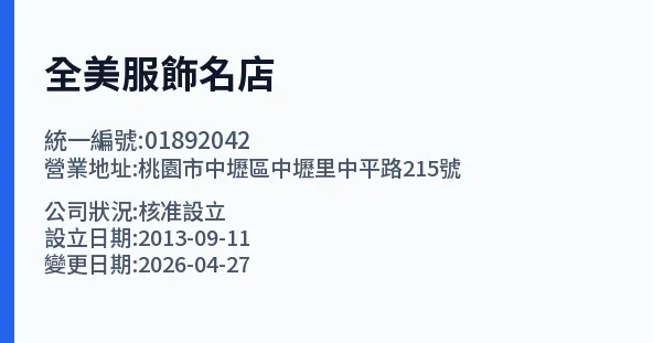 全美服飾名店的照片-統編 01892042(桃園市) 公司登記資料與營業項目詳細圖表