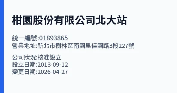 柑園股份有限公司北大站的照片-統編 01893865(新北市) 公司登記資料與營業項目詳細圖表