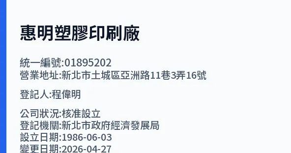惠明塑膠印刷廠的照片-統編 01895202(新北市) 公司登記資料與營業項目詳細圖表
