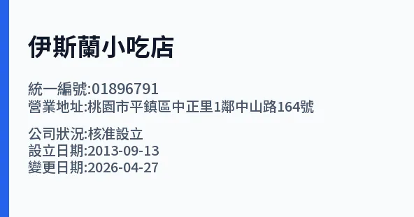 伊斯蘭小吃店的照片-統編 01896791(桃園市) 公司登記資料與營業項目詳細圖表