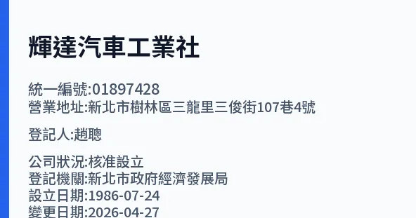 輝達汽車工業社的照片-統編 01897428(新北市) 公司登記資料與營業項目詳細圖表