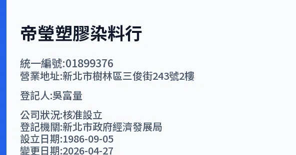 帝瑩塑膠染料行的照片-統編 01899376(新北市) 公司登記資料與營業項目詳細圖表