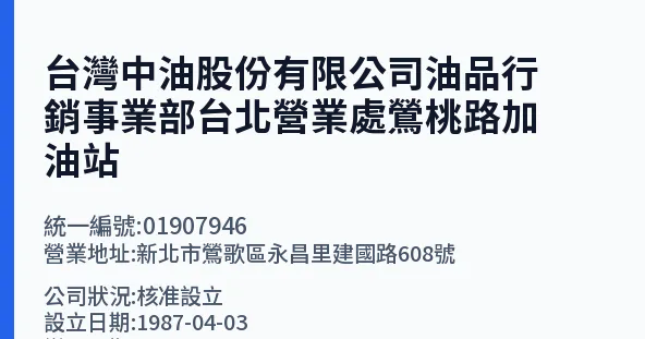 台灣中油股份有限公司油品行銷事業部台北營業處鶯桃路加油站的照片-統編 01907946(新北市) 公司登記資料與營業項目詳細圖表