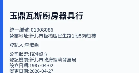 玉鼎瓦斯廚房器具行的照片-統編 01908086(新北市) 公司登記資料與營業項目詳細圖表