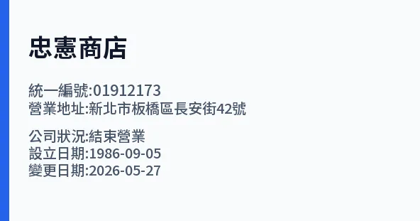 忠憲商店的照片-統編 01912173(新北市) 公司登記資料與營業項目詳細圖表