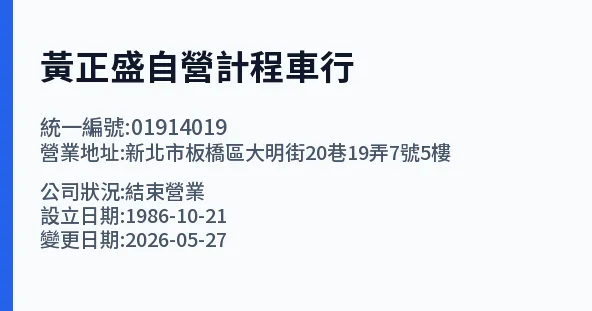 黃正盛自營計程車行的照片-統編 01914019(新北市) 公司登記資料與營業項目詳細圖表