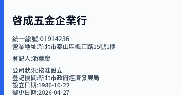 啓成五金企業行的照片-統編 01914236(新北市) 公司登記資料與營業項目詳細圖表