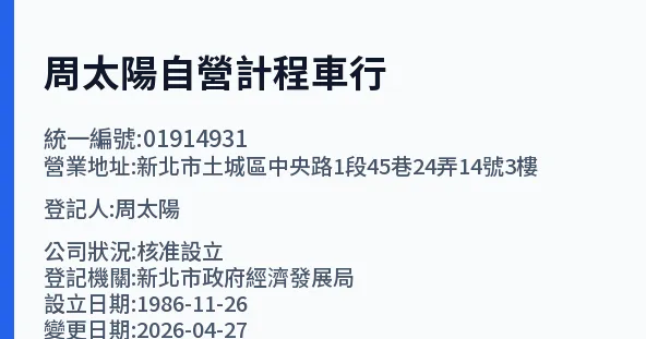 周太陽自營計程車行的照片-統編 01914931(新北市) 公司登記資料與營業項目詳細圖表