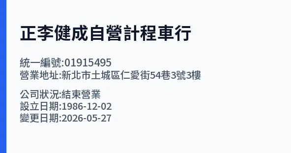 正李健成自營計程車行的照片-統編 01915495(新北市) 公司登記資料與營業項目詳細圖表