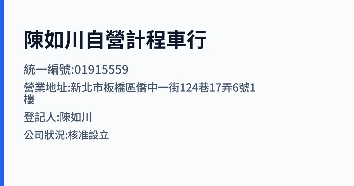 陳如川自營計程車行 - 統編 01915559(新北市) 公司登記資料與營業項目詳細圖表