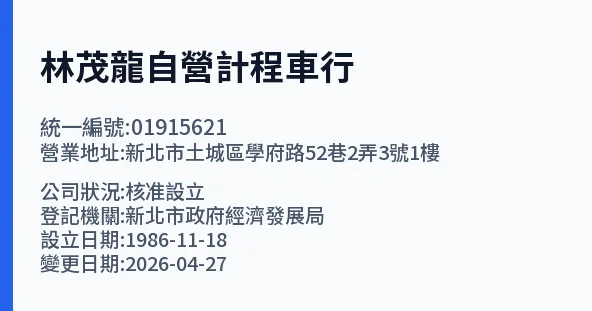 林茂龍自營計程車行的照片-統編 01915621(新北市) 公司登記資料與營業項目詳細圖表