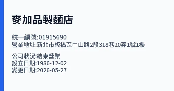 麥加品製麵店的照片-統編 01915690(新北市) 公司登記資料與營業項目詳細圖表