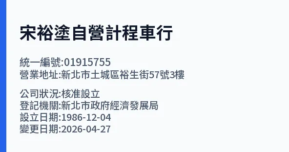 宋裕塗自營計程車行的照片-統編 01915755(新北市) 公司登記資料與營業項目詳細圖表