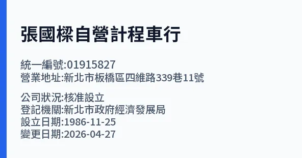 張國樑自營計程車行的照片-統編 01915827(新北市) 公司登記資料與營業項目詳細圖表