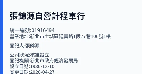 張錦源自營計程車行的照片-統編 01916494(新北市) 公司登記資料與營業項目詳細圖表