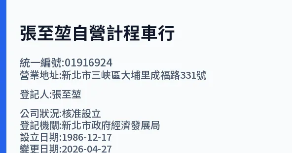 張至堃自營計程車行的照片-統編 01916924(新北市) 公司登記資料與營業項目詳細圖表