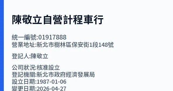 陳敬立自營計程車行的照片-統編 01917888(新北市) 公司登記資料與營業項目詳細圖表