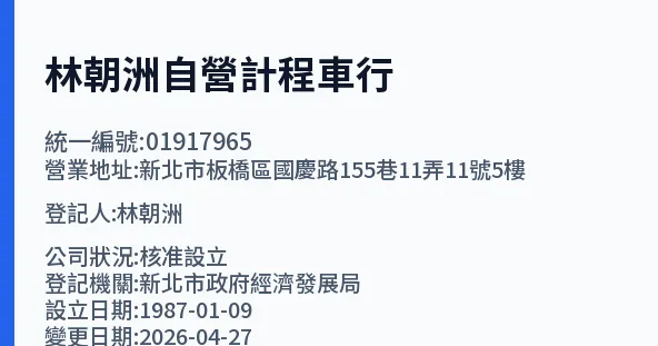 林朝洲自營計程車行的照片-統編 01917965(新北市) 公司登記資料與營業項目詳細圖表