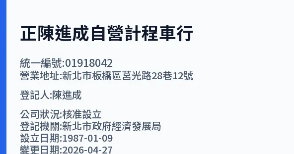 正陳進成自營計程車行的照片-統編 01918042(新北市) 公司登記資料與營業項目詳細圖表