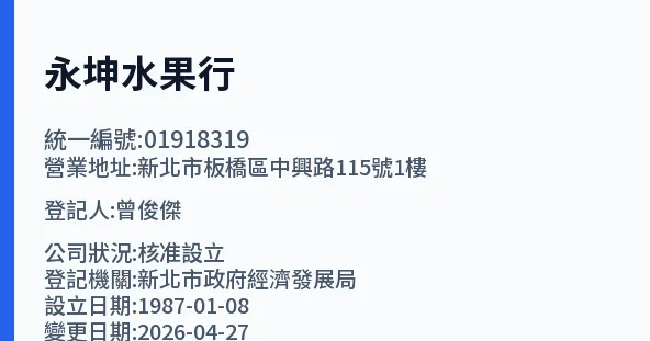 永坤水果行的照片-統編 01918319(新北市) 公司登記資料與營業項目詳細圖表