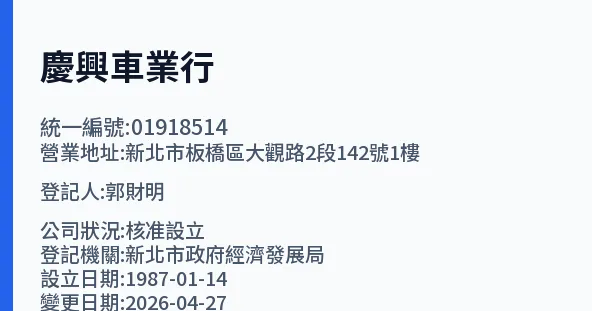 慶興車業行的照片-統編 01918514(新北市) 公司登記資料與營業項目詳細圖表