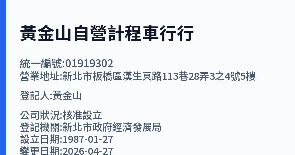 黃金山自營計程車行行的照片-統編 01919302(新北市) 公司登記資料與營業項目詳細圖表