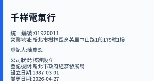千祥電氣行的照片-統編 01920011(新北市) 公司登記資料與營業項目詳細圖表