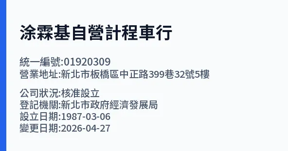 涂霖基自營計程車行的照片-統編 01920309(新北市) 公司登記資料與營業項目詳細圖表