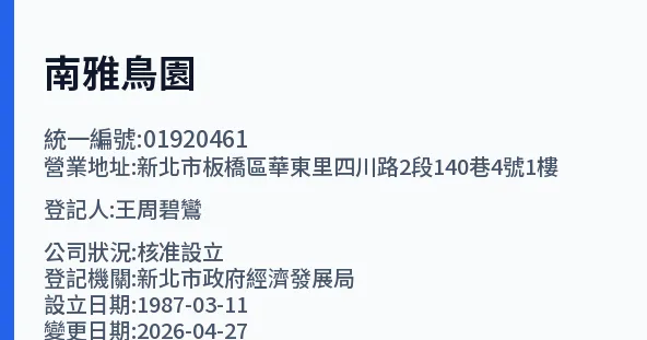 南雅鳥園的照片-統編 01920461(新北市) 公司登記資料與營業項目詳細圖表