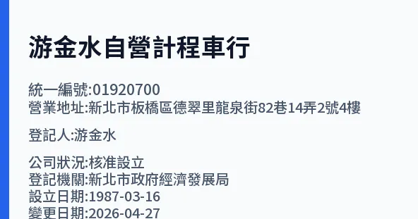 游金水自營計程車行的照片-統編 01920700(新北市) 公司登記資料與營業項目詳細圖表