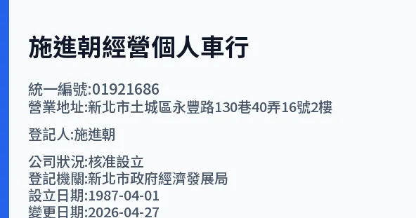 施進朝經營個人車行的照片-統編 01921686(新北市) 公司登記資料與營業項目詳細圖表
