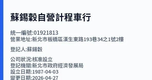 蘇錫穀自營計程車行的照片-統編 01921813(新北市) 公司登記資料與營業項目詳細圖表