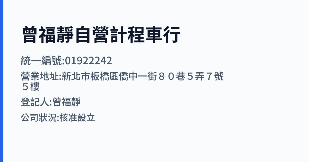 曾福靜自營計程車行 - 統編 01922242(新北市) 公司登記資料與營業項目詳細圖表