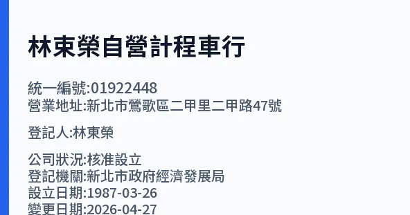 林束榮自營計程車行的照片-統編 01922448(新北市) 公司登記資料與營業項目詳細圖表