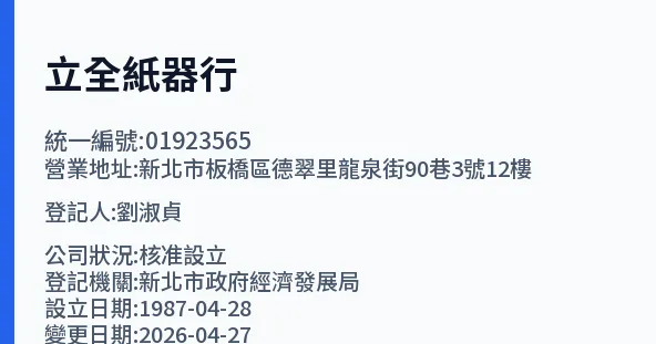 立全紙器行的照片-統編 01923565(新北市) 公司登記資料與營業項目詳細圖表