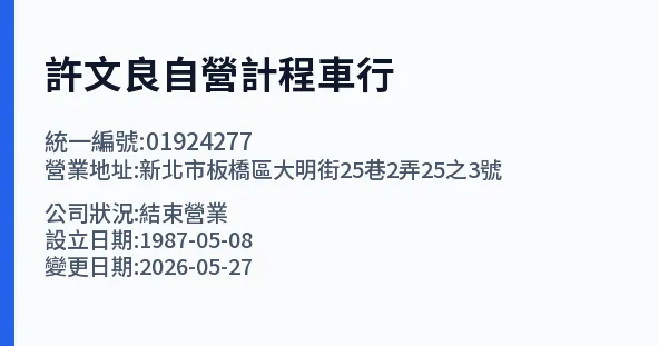 許文良自營計程車行的照片-統編 01924277(新北市) 公司登記資料與營業項目詳細圖表