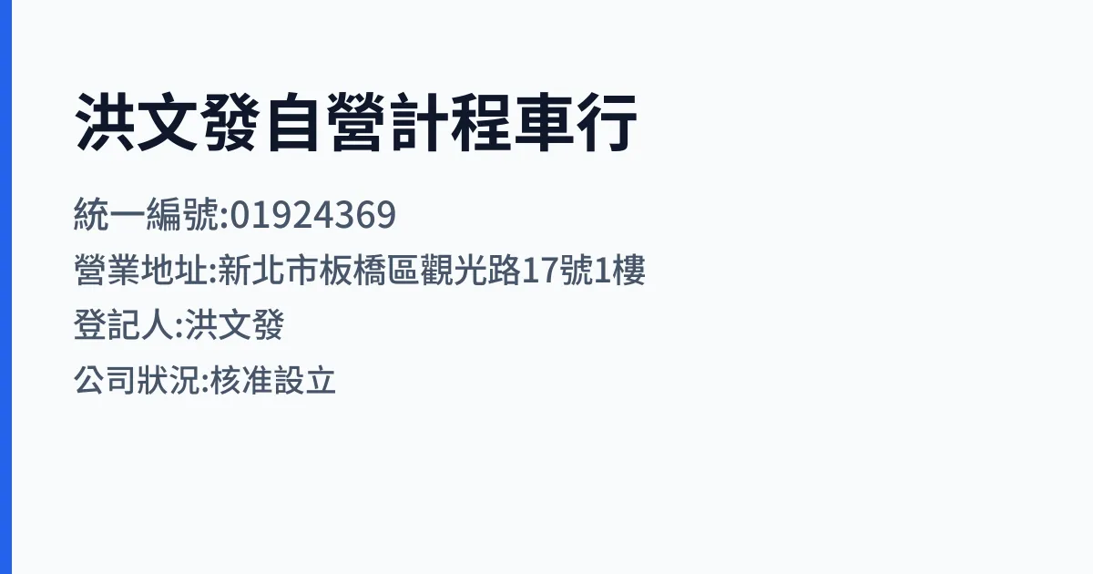 洪文發自營計程車行 - 統編 01924369(新北市) 公司登記資料與營業項目詳細圖表