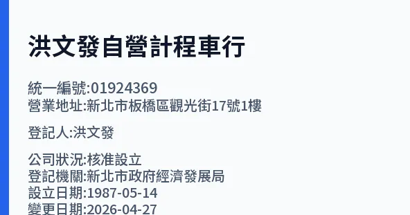 洪文發自營計程車行的照片-統編 01924369(新北市) 公司登記資料與營業項目詳細圖表